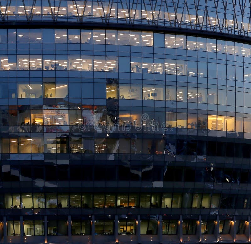 Modern Office Building with Big Windows at Night Stock Image - Image of ...