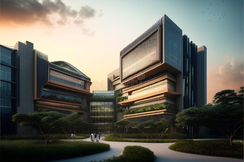 Modern Office Building in the City at Sunset, 3d Render. Stock ...