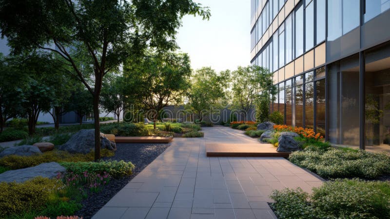 Modern Office Building Courtyard with Greenery and Stone Pathways Stock ...