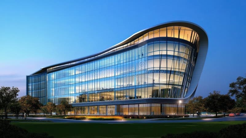 Modern Office Building with Curved Facade at Twilight Stock ...