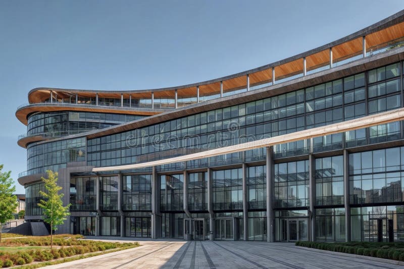 A Modern Office Building with a Curved Glass Facade Reflecting the Sky ...