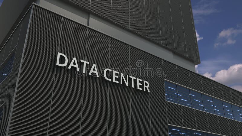 DATA CENTER Signboard on a Modern Skyscraper Reflecting Flying Plane ...