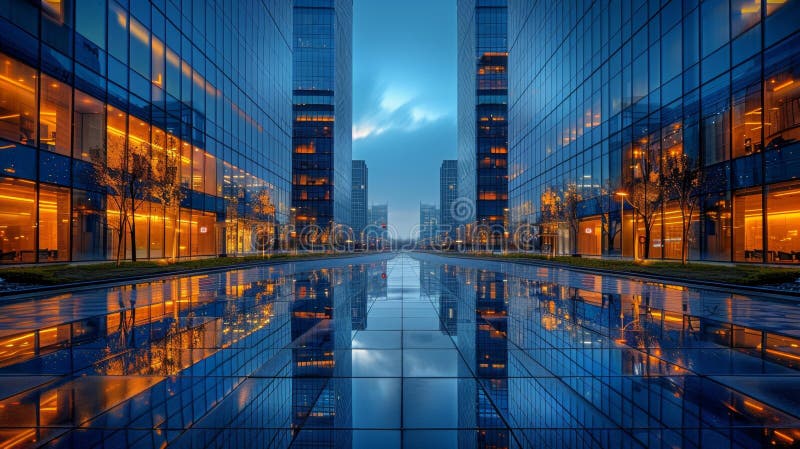 Modern Office Building at Dusk - Generative Ai Stock Illustration - Illustration of glass ...