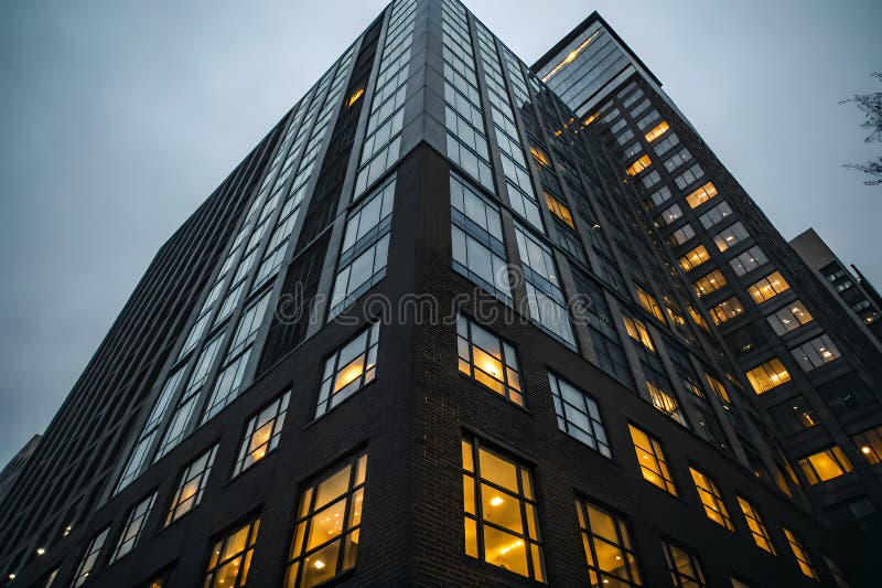 Modern Office Building at Dusk with Illuminated Windows Displaying ...
