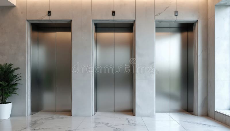 Modern Office Building Elevator Hall. Three Empty Elevators. Light Gray Marble Walls, Floor ...