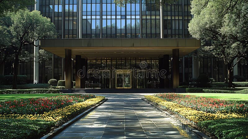 Modern Office Building Entrance with Landscaped Grounds Stock ...