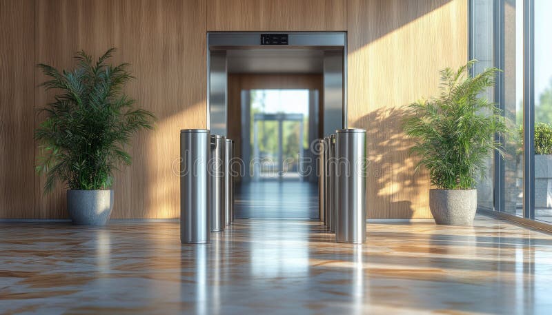 Modern Office Building Entrance with Security Turnstiles and Elevator ...