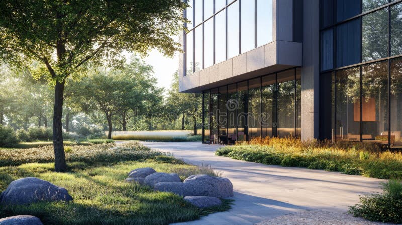 Modern Office Building with Expansive Glass Windows and Lush ...