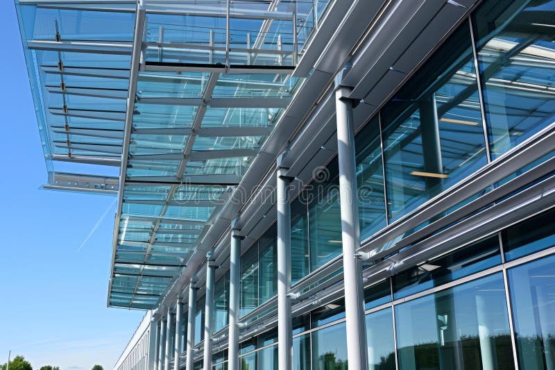 Modern Office Building Exterior Featuring a Unique Glass Canopy ...