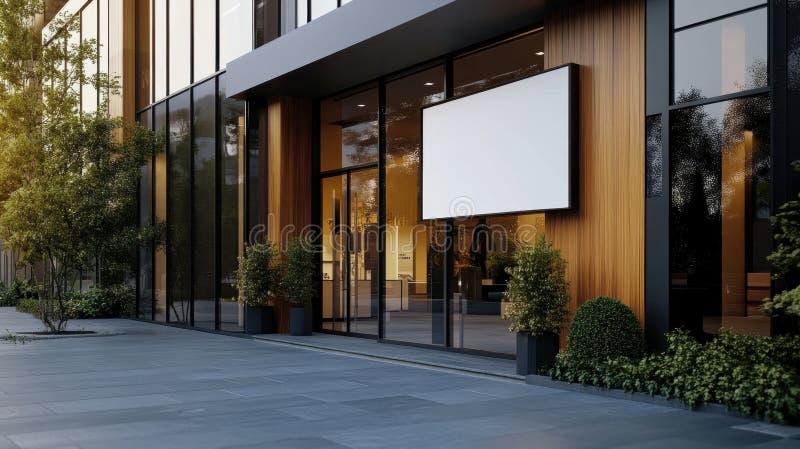 Modern Office Building Exterior with Large Blank Sign and Reflective ...