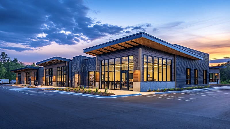 Modern Office Building Exterior at Sunset with Dramatic Sky Stock Image ...