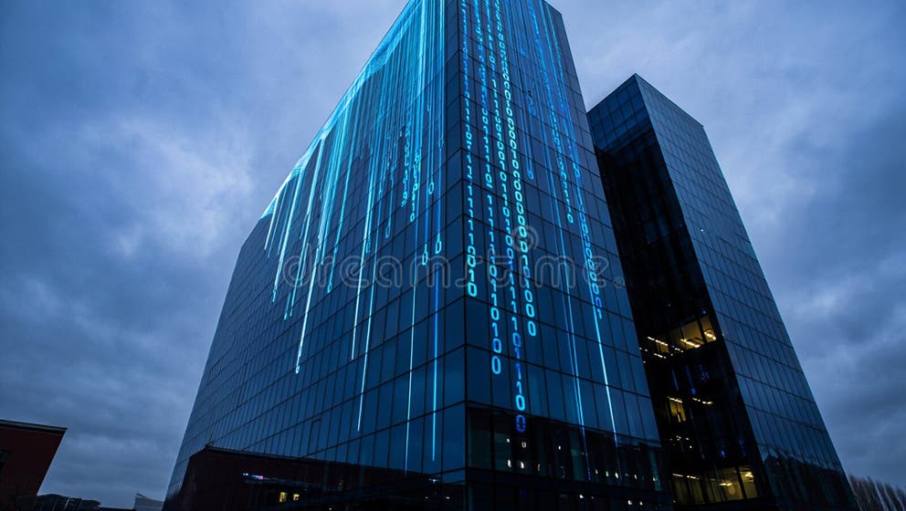 Modern Office Building Facade Illuminated by Cascading Digital Code Patterns Under a Cloudy Sky ...