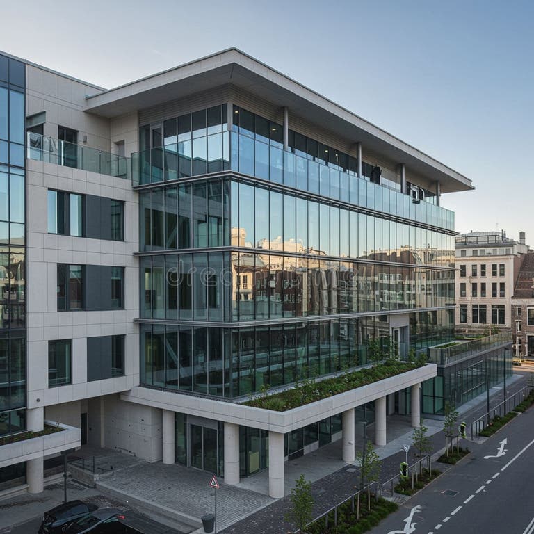 A Modern Office Building Featuring Extensive Glass Facades and Sleek ...