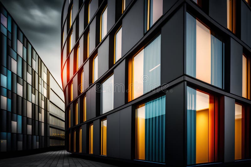 Modern Office Building with Glass Facade at Sunset. 3D Rendering Stock ...
