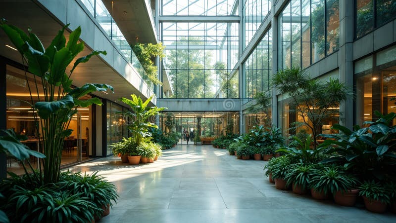 Modern Office Building with Glass Panels Lush Atrium and Natural Light ...