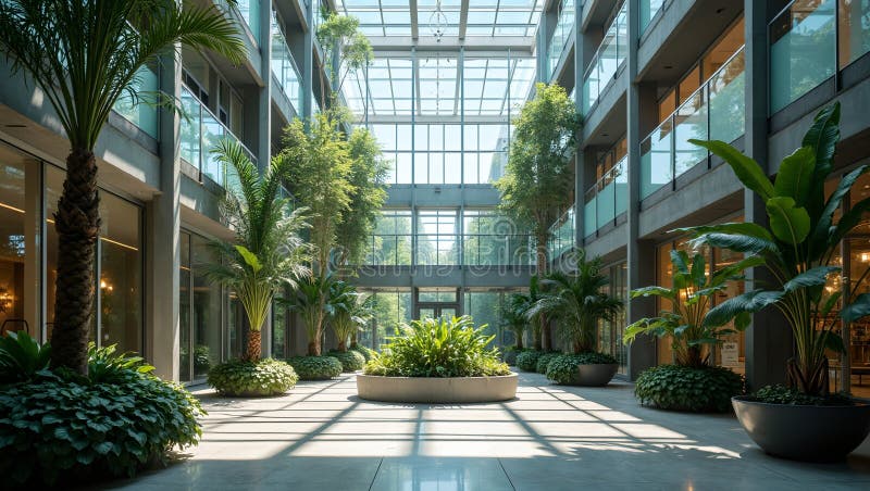 Modern Office Building with Glass Panels Lush Atrium and Natural Light ...