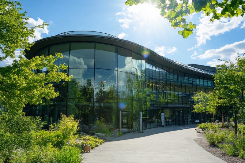 A Modern Office Building with Glass Windows, Fronted by Trees, Under ...