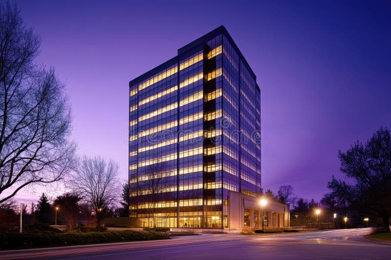 A Modern Office Building Illuminated at Dusk, Showcasing Its ...