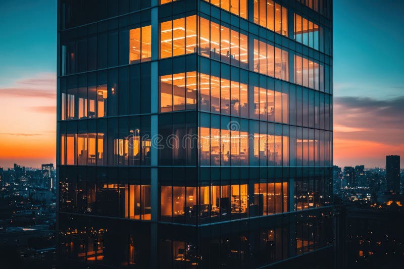 A Modern Office Building Illuminated at Sunset, Showcasing a Vibrant ...