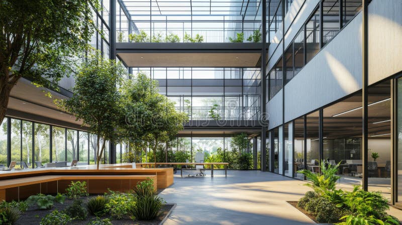 Modern Office Building with Indoor Garden and Large Windows Stock ...