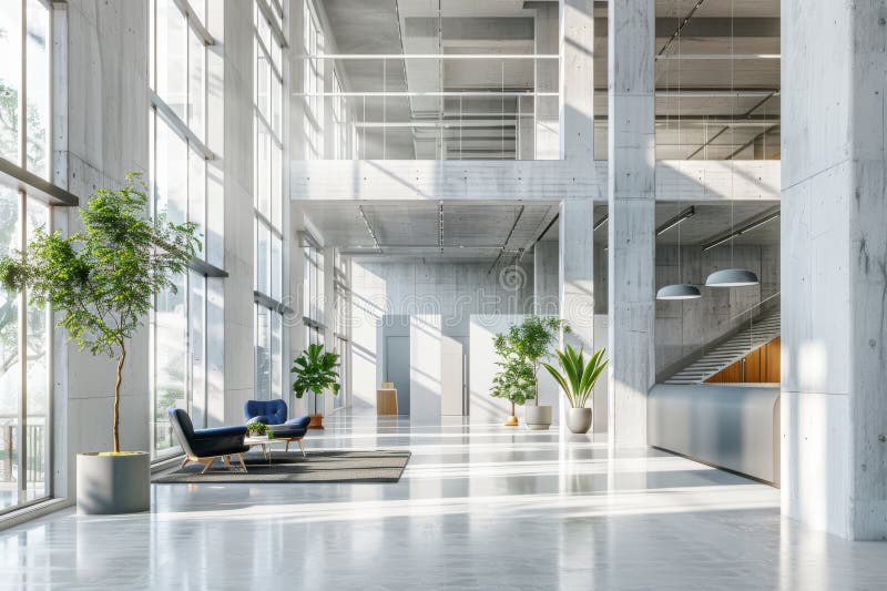 A Modern Office Building Interior with Large Spaces, Minimalistic ...