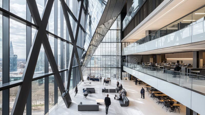 Modern Office Building Interior with Large Windows, Open Space, and ...