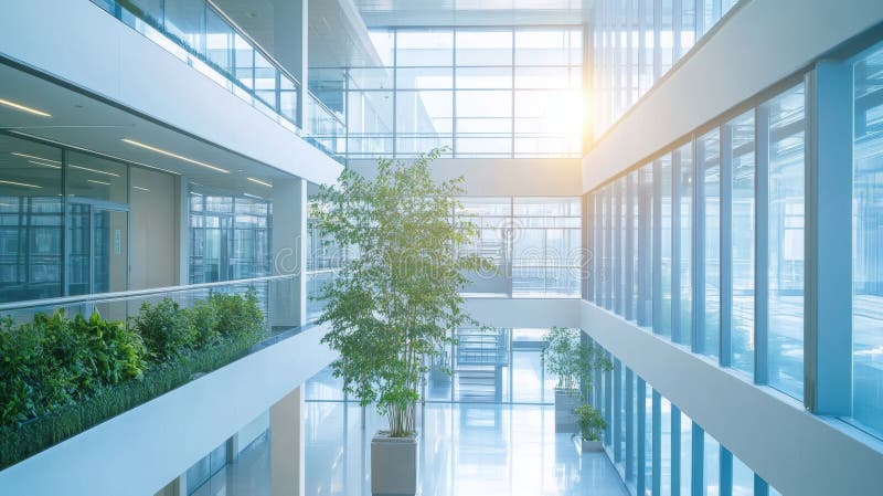 Modern Office Building Interior with Plants and Sunlight Shining ...