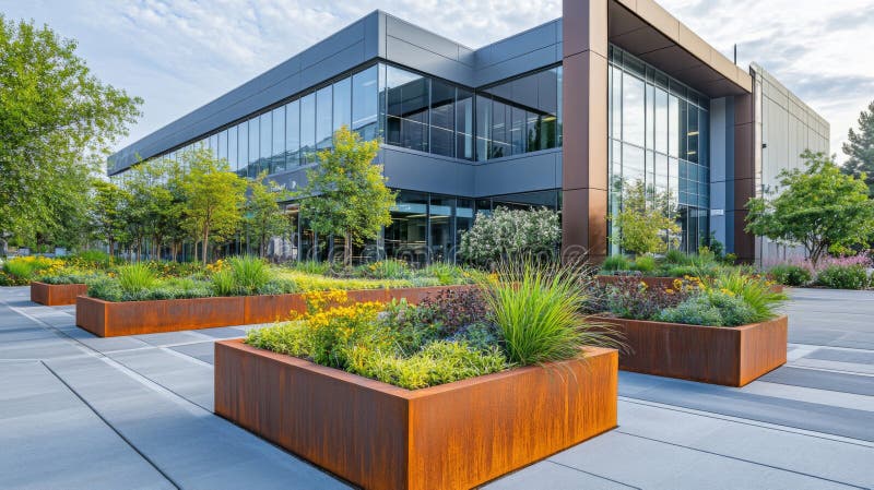 Modern Office Building with Landscaped Courtyard Stock Illustration ...