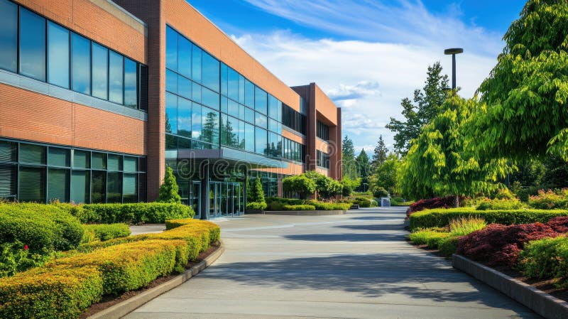 Modern Office Building with Landscaped Grounds and Walkway Stock Image ...