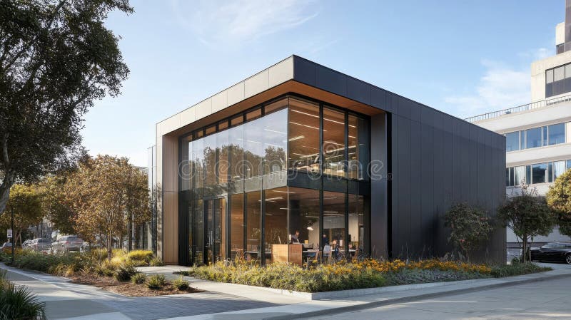Modern Office Building with Large Glass Windows and Landscaping Stock ...