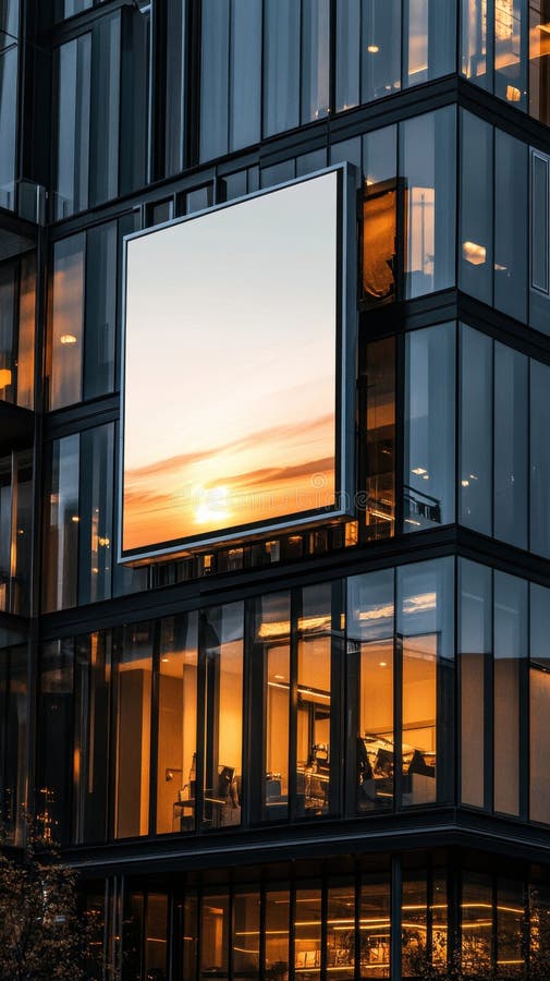 Modern Office Building with Large Sunset Reflection on Glass Facade ...