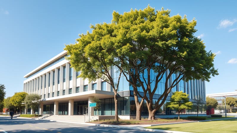 Modern Office Building with a Large Tree in Front Stock Illustration ...