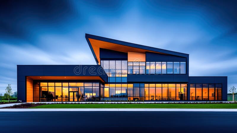 Modern Office Building with Large Windows at Dusk Stock Illustration ...