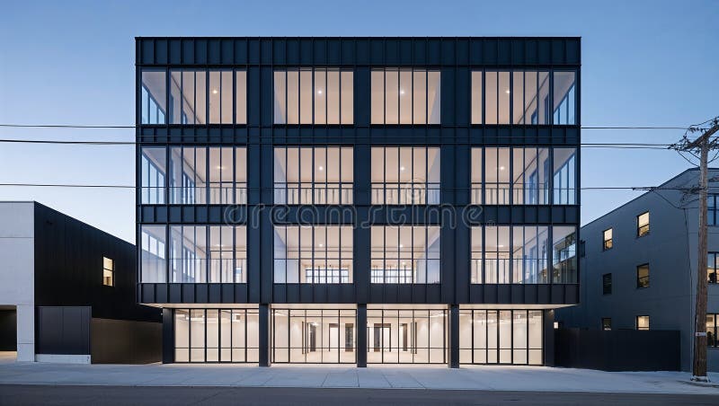 Modern Office Building with Large Windows Illuminating at Dusk Stock ...