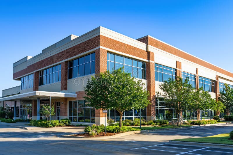 Modern Office Building with Large Windows and Landscaped Surroundings ...