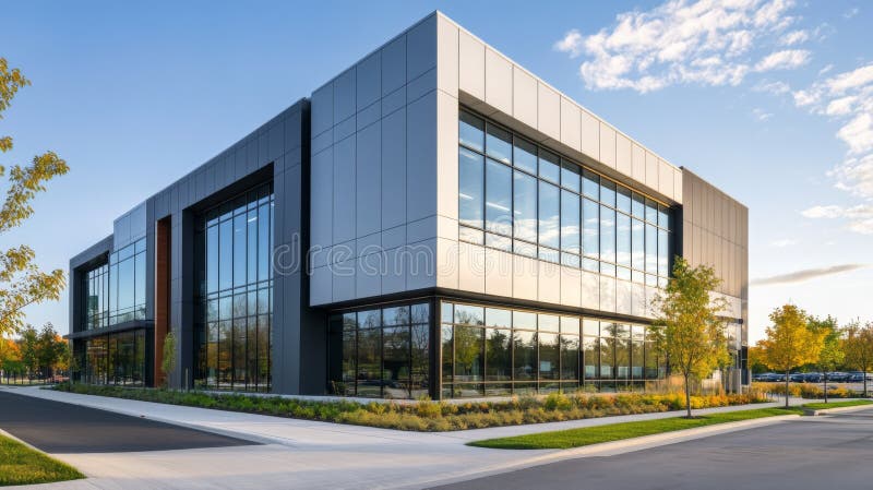 Modern Office Building with Large Windows and Landscaping Stock ...
