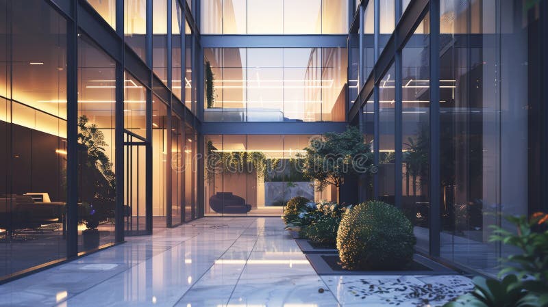 Modern Office Building Lobby with Evening Lighting Stock Photo - Image ...