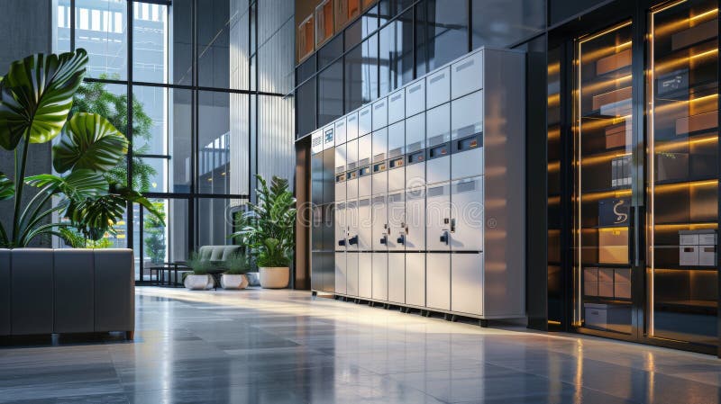 Modern Office Building Lobby with Lockers Stock Image - Image of safe ...