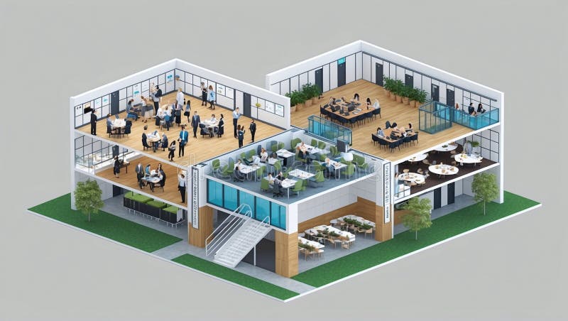 Modern Office Building with Multi-Level Open Floor Plan, Collaborative ...