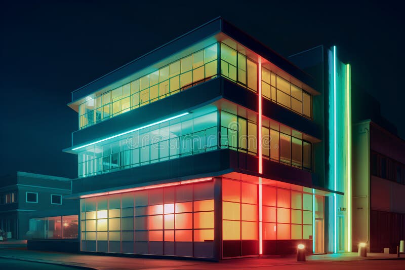 Modern Office Building at Night with Colorful Neon Lights. 3d Rendering ...