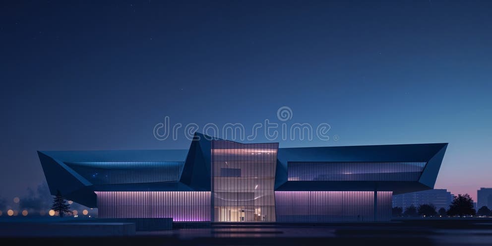 Modern Office Building Night Landscape Design. Stock Image - Image of ...