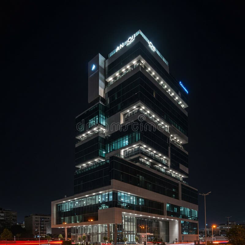 Modern Office Building at Night with Staggered, Angular Design. the ...