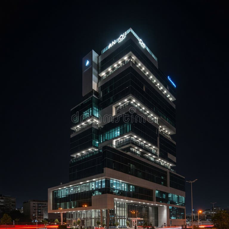 Modern Office Building at Night with Staggered, Angular Design. the ...