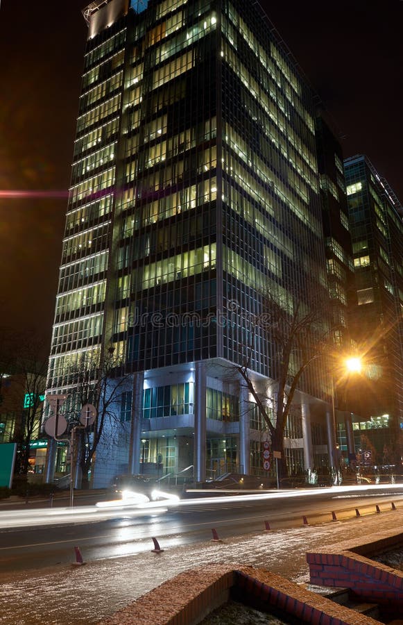 A Modern Office Building and a Night Traffic Stock Image - Image of ...