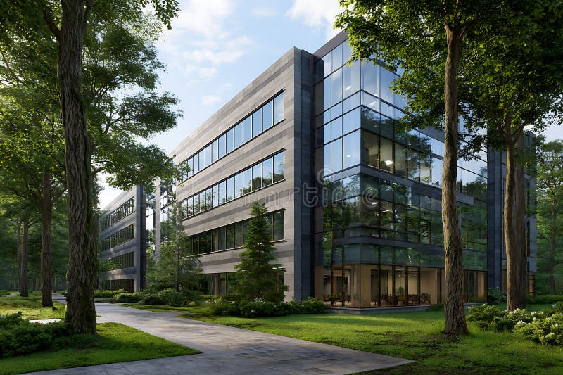 Modern Office Building in Park-like Setting Stock Illustration ...