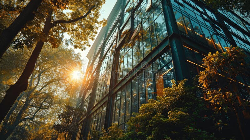 Modern Office Building in the Park at Sunset Stock Illustration ...