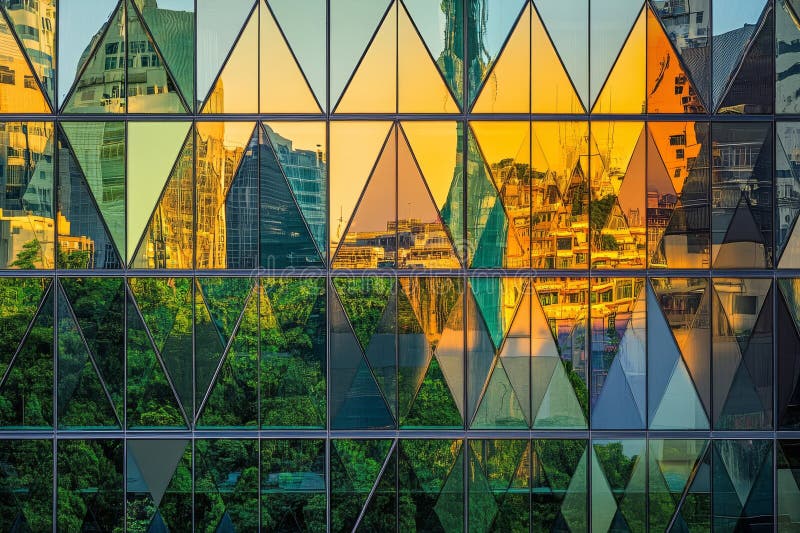 Modern Office Building Reflecting Urban Skyline Stock Illustration ...