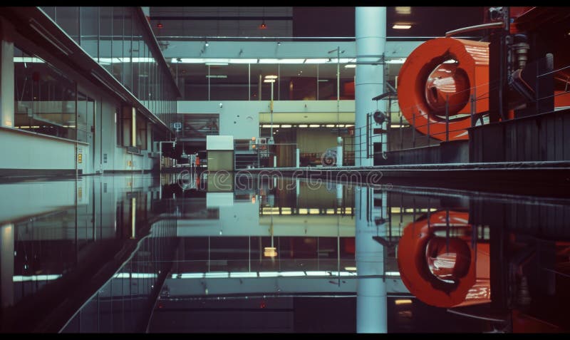 Modern Office Building with Reflection on Water Surface. Abstract ...