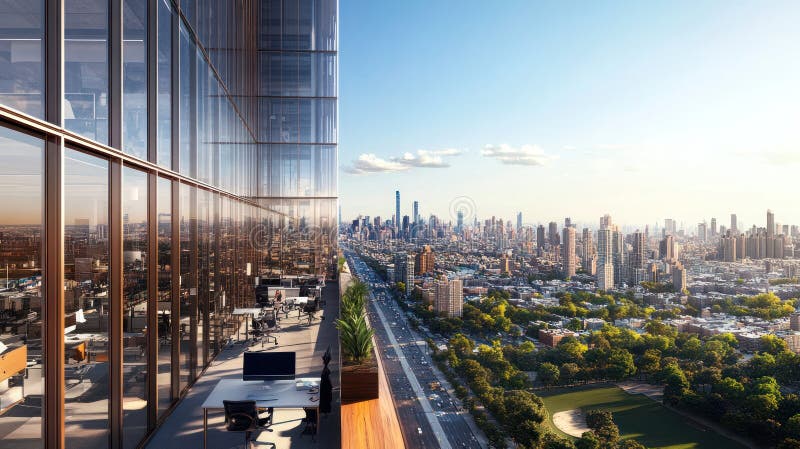 Modern Office Building Rooftop Terrace Overlooking Cityscape at Sunset ...