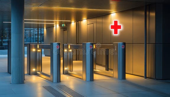 Modern Office Building Security System Featuring Turnstile Access ...